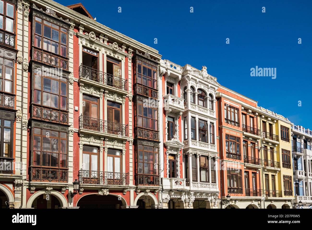 Colorful facades of the historical old town in Aviles, Spain Stock ...