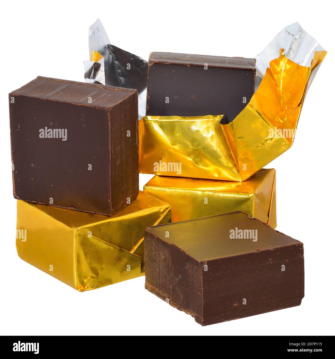 Cubes of chocolate in golden packing isolated on a white background ...