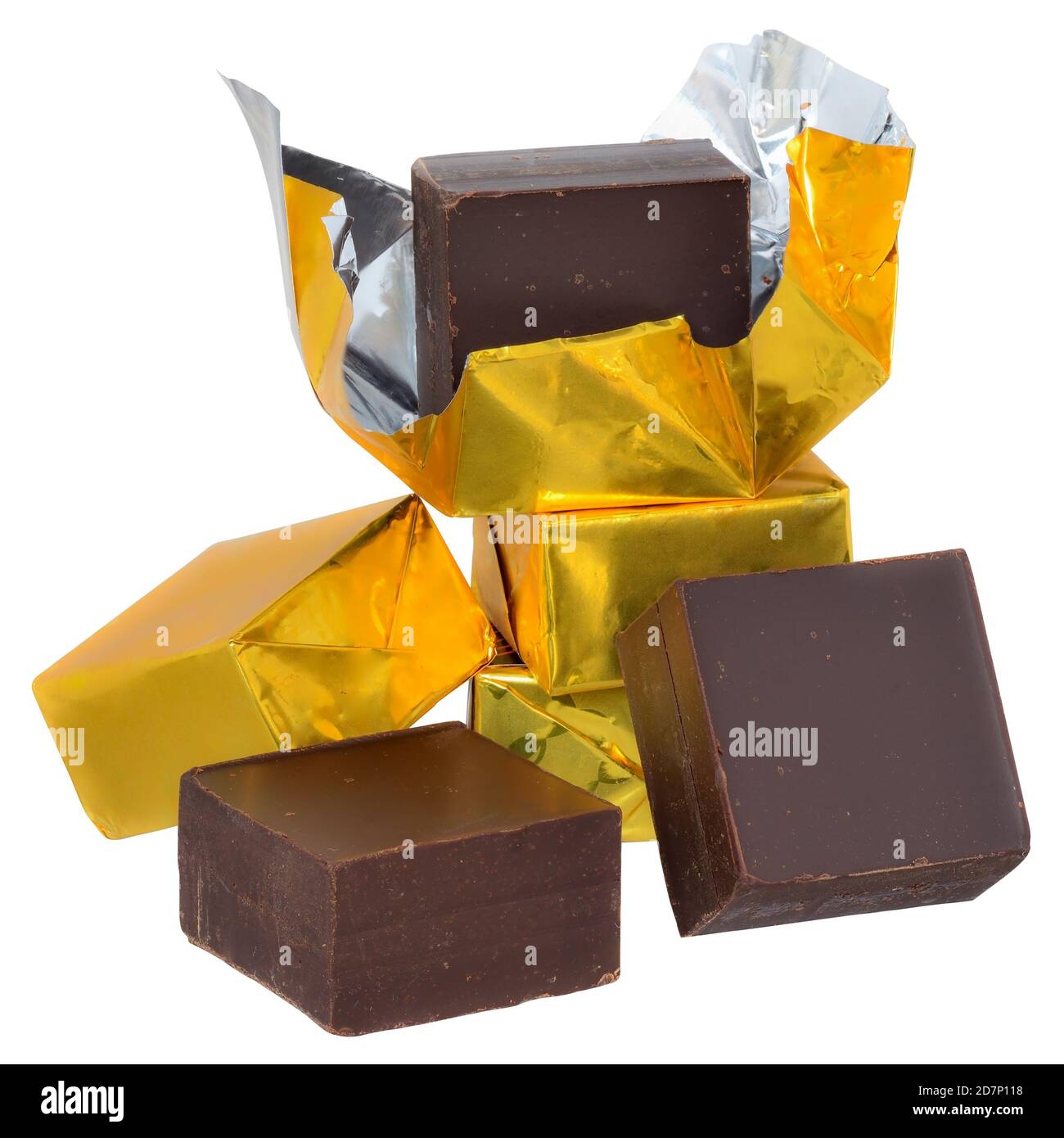 Cubes of chocolate in golden packing isolated on a white background ...