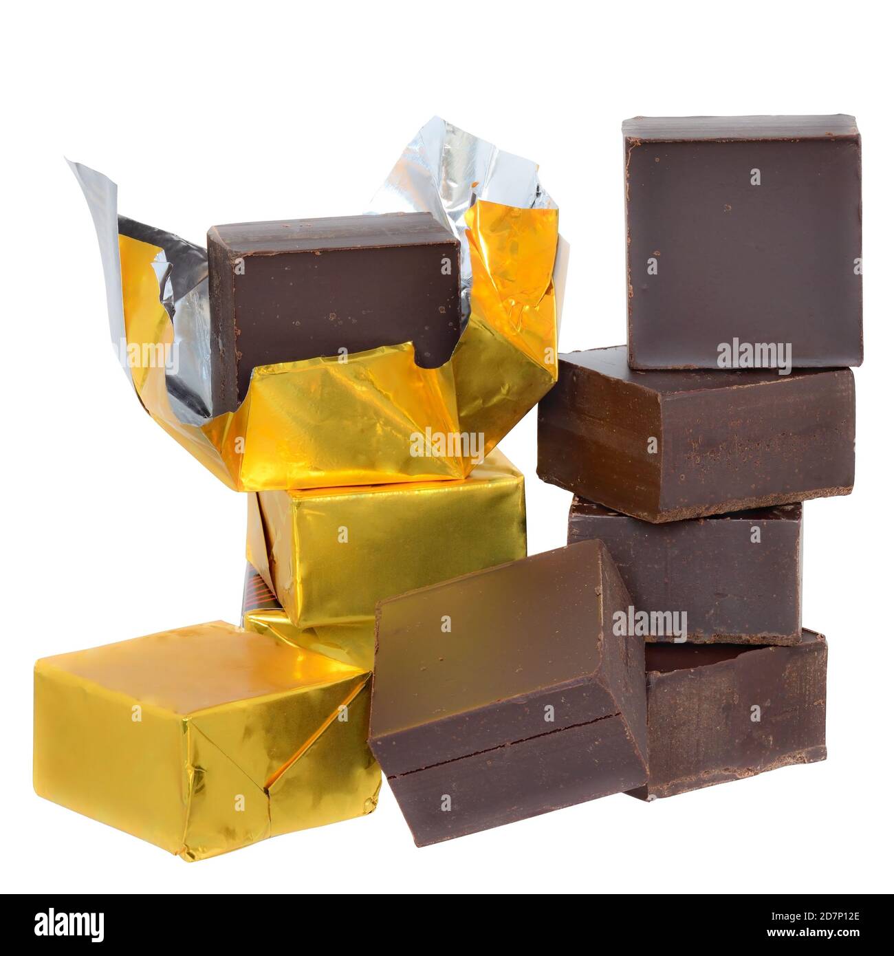 Cubes of chocolate in golden packing isolated on a white background ...