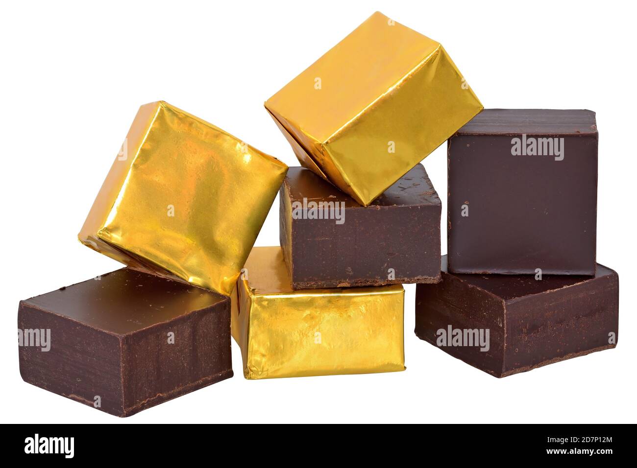 Cubes of chocolate in golden packing isolated on a white background ...