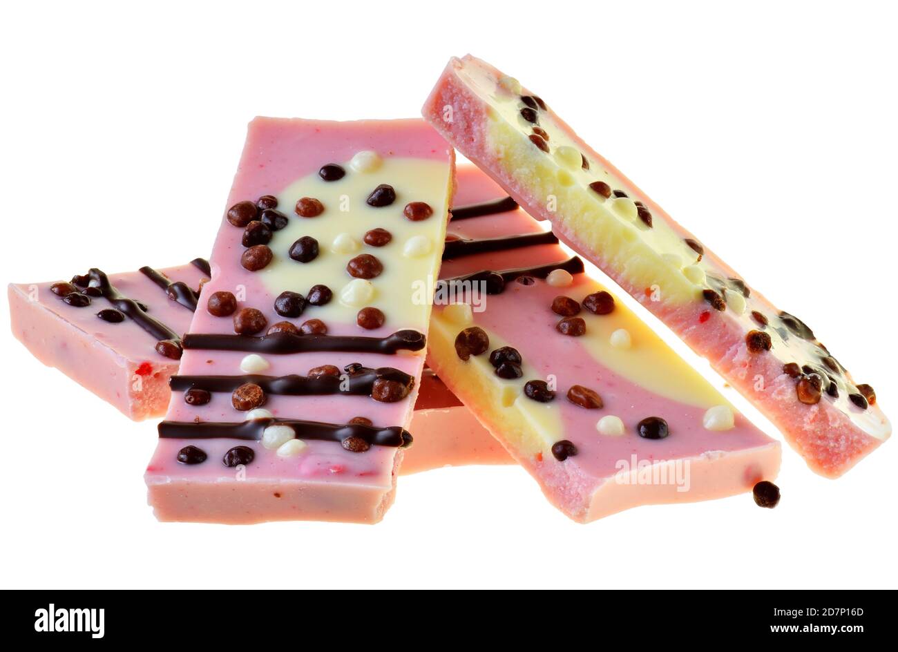 Pink chocolate with strawberries and popped rice isolated on a white ...