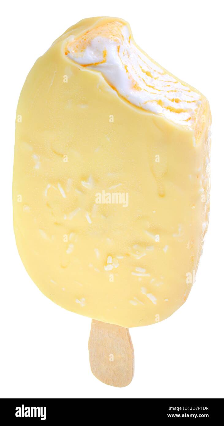 Bitten ice cream on a stick covered in white chocolate isolated Stock ...
