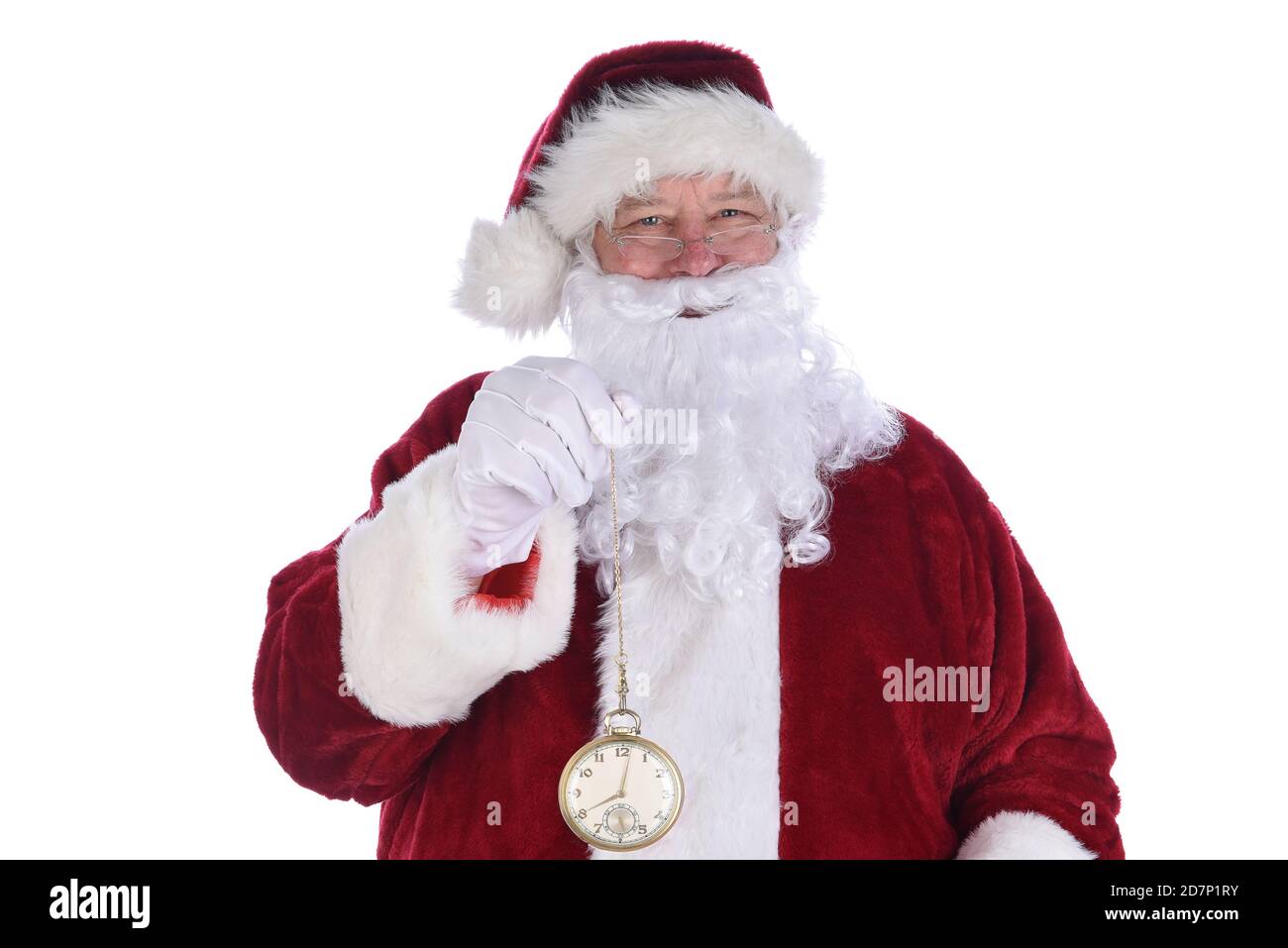 Closeup of Santa Claus holding a large gold pocket watch, isolated on ...