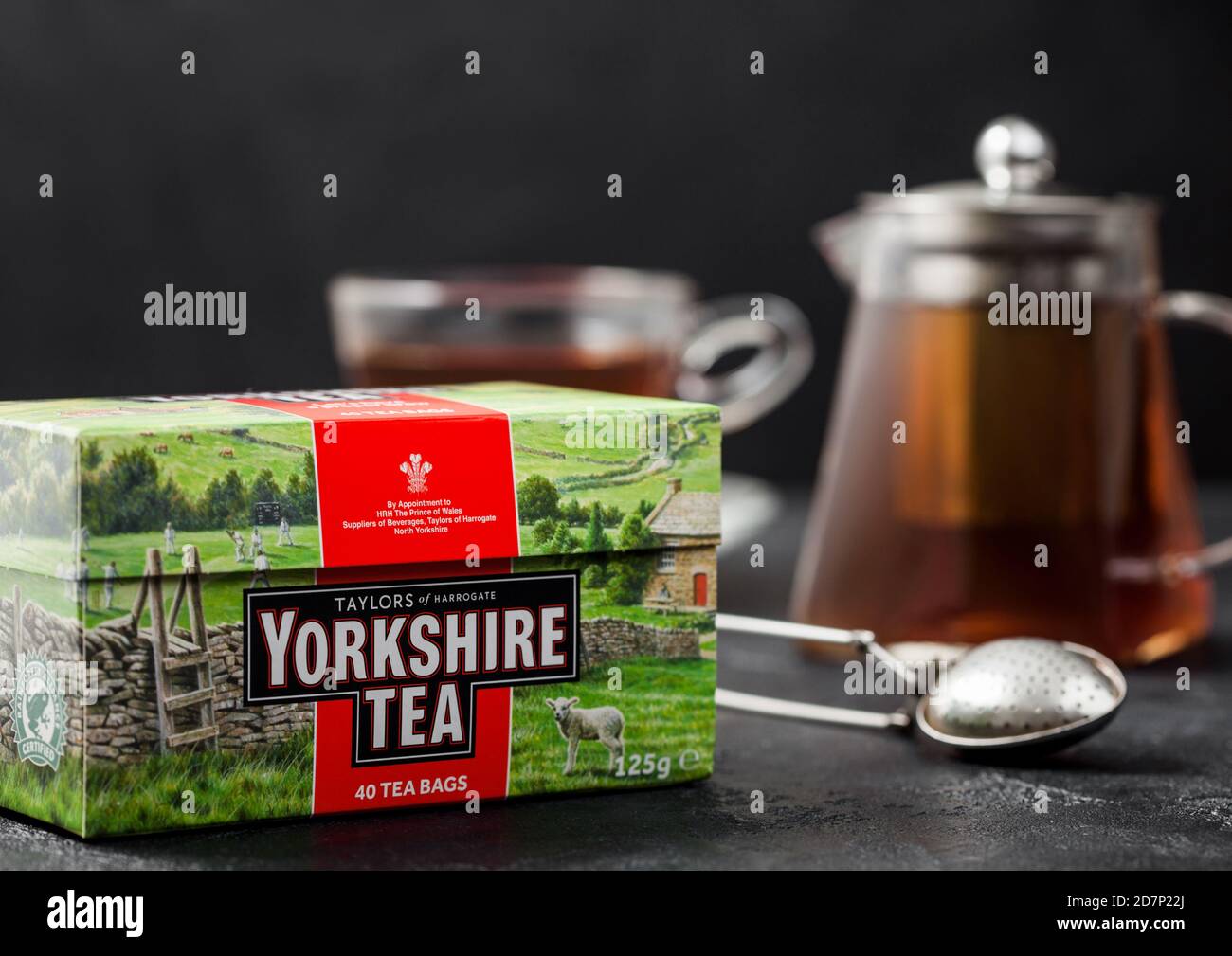 LONDON, UK - OCTOBER 21, 2020: Pack of Yorkshire black tea with teapot ...