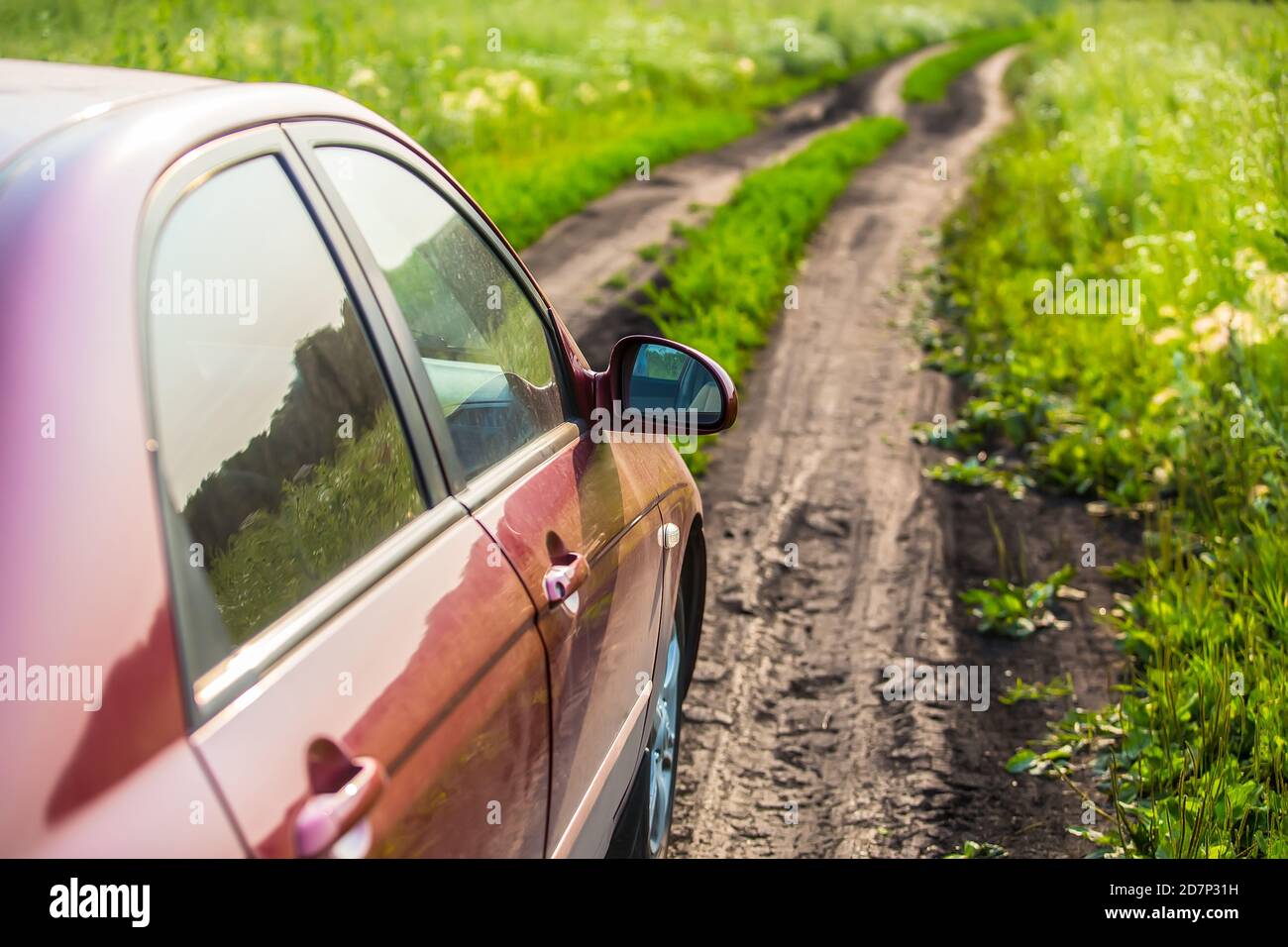 red car on country road on summer meadow Stock Photo - Alamy