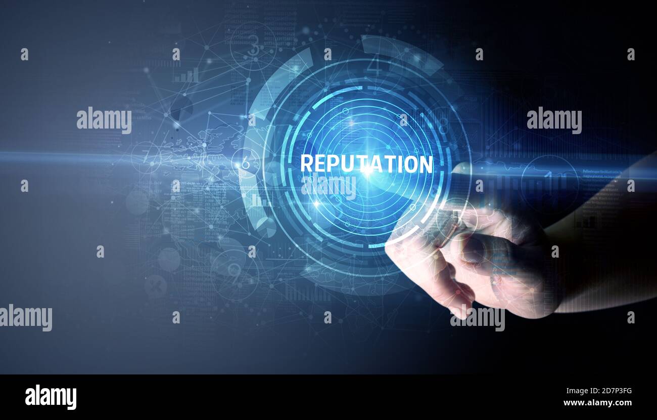 Hand touching REPUTATION button, modern business technology concept ...