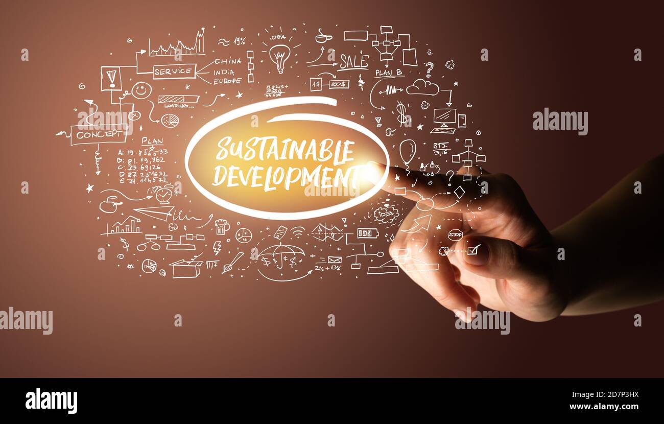 Hand touching SUSTAINABLE DEVELOPMENT inscription, hand drawn icons ...