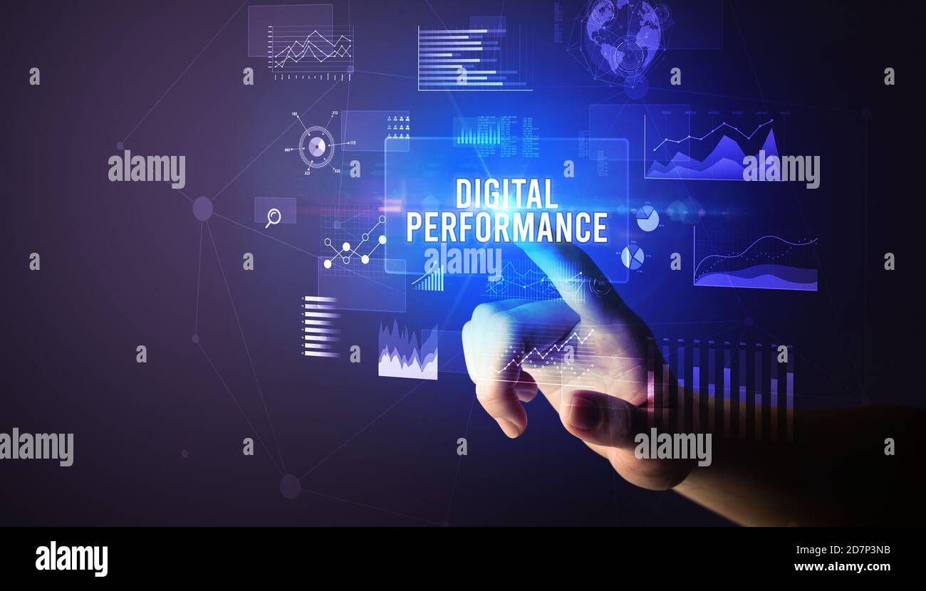 Hand touching DIGITAL PERFORMANCE inscription, new business technology ...