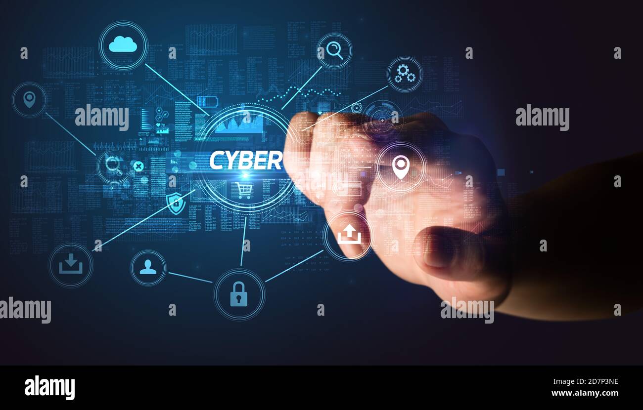 Hand touching cyber inscription hi-res stock photography and images - Alamy