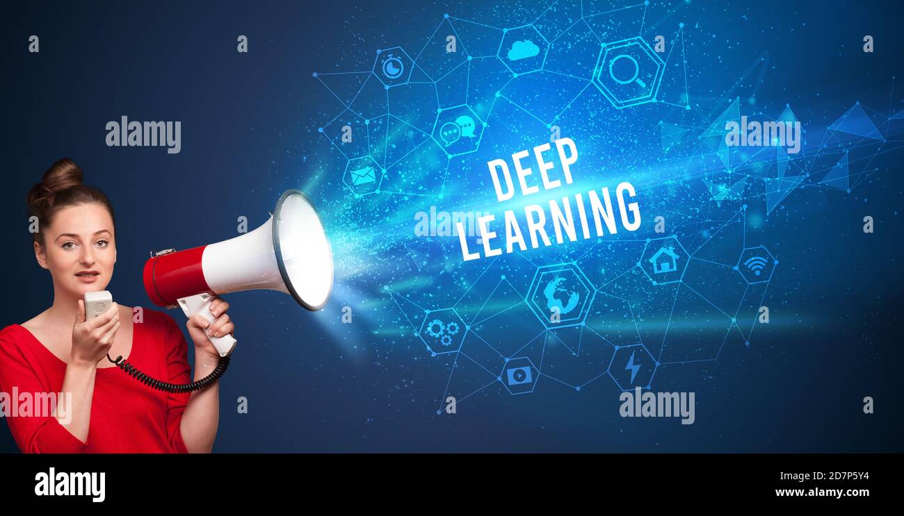 Young woman shouting in megaphone with DEEP LEARNING inscription ...