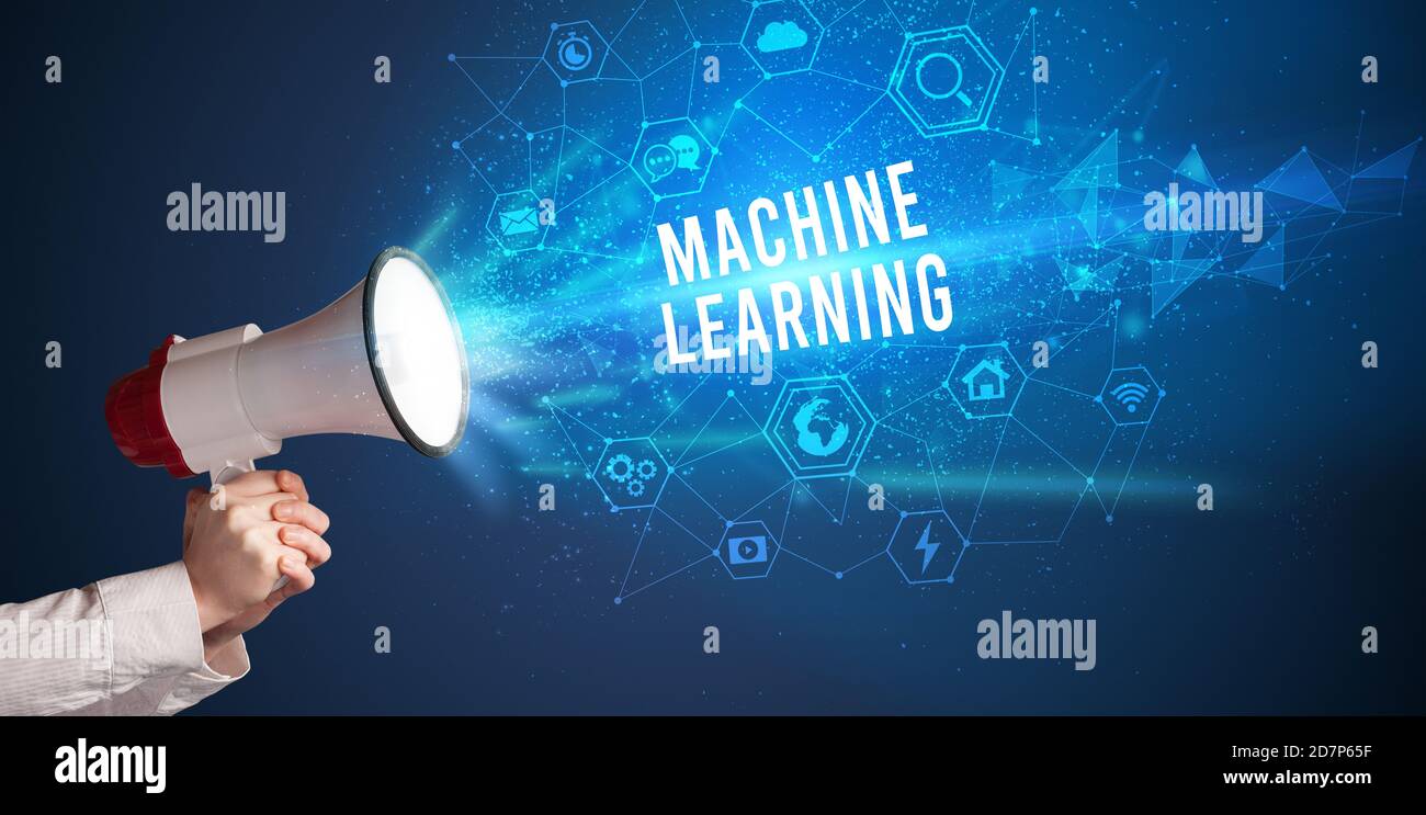 Young woman shouting in megaphone with MACHINE LEARNING inscription ...