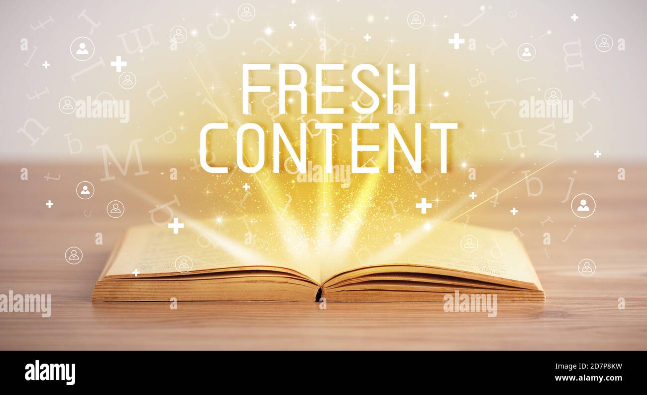 Open book with FRESH CONTENT inscription, social media concept Stock ...