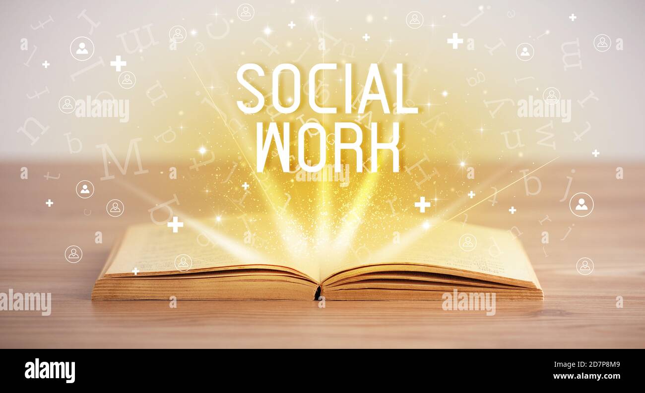 Open book with SOCIAL WORK inscription, social media concept Stock ...