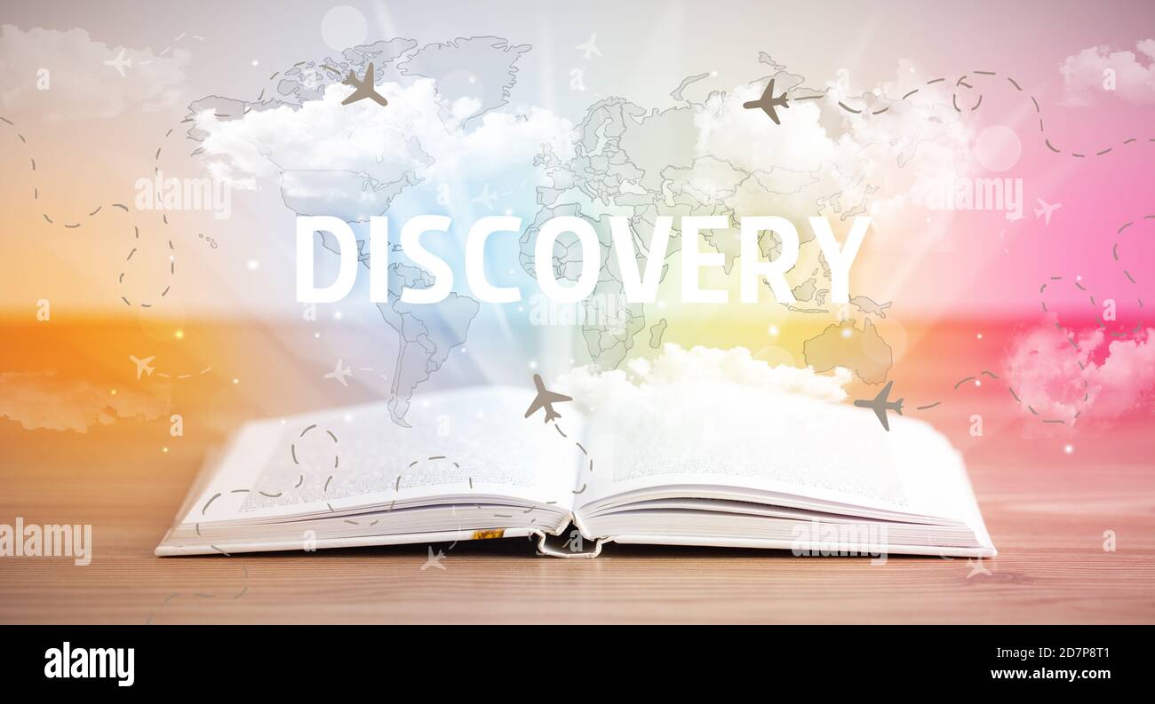 Open book with DISCOVERY inscription, vacation concept Stock Photo - Alamy