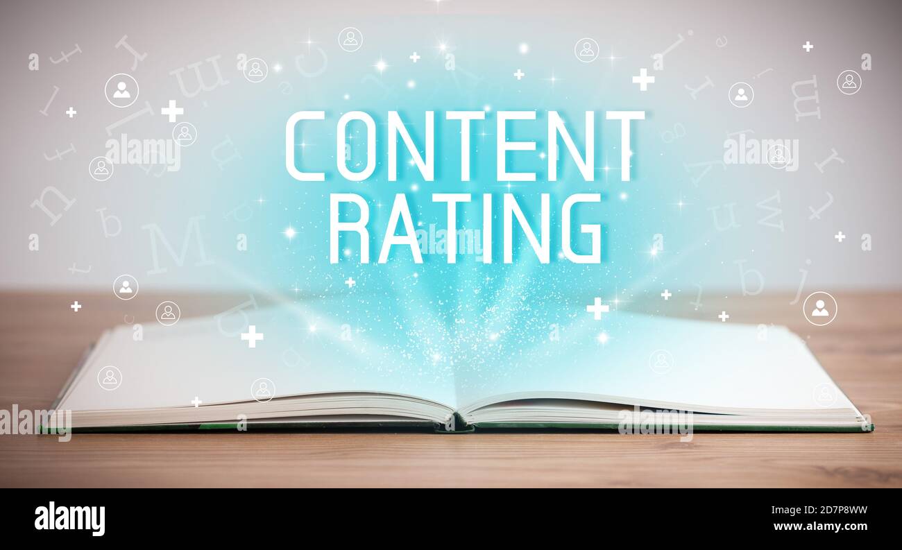 Open book with CONTENT RATING inscription, social media concept Stock ...