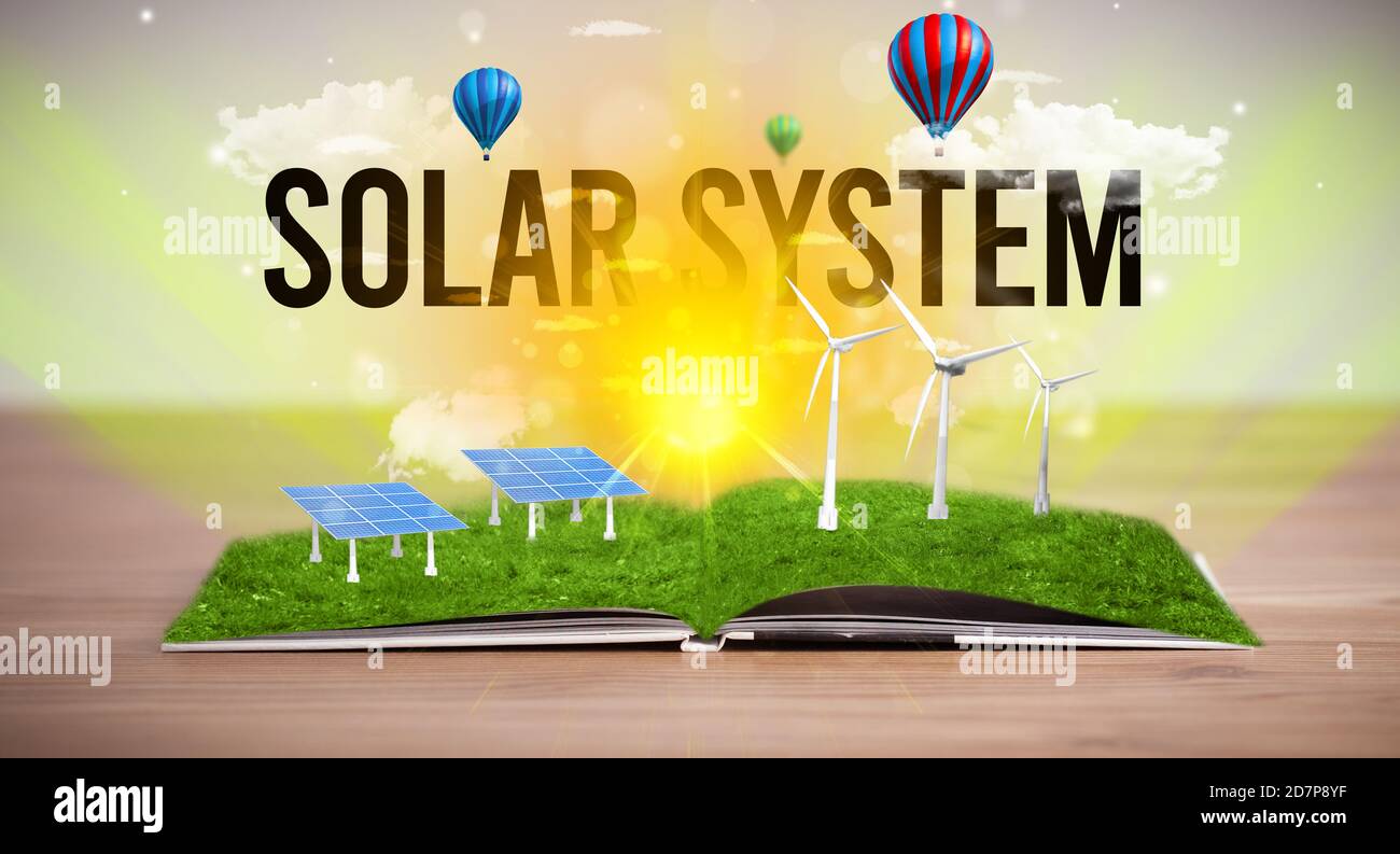 Open book with SOLAR SYSTEM inscription, renewable energy concept Stock ...