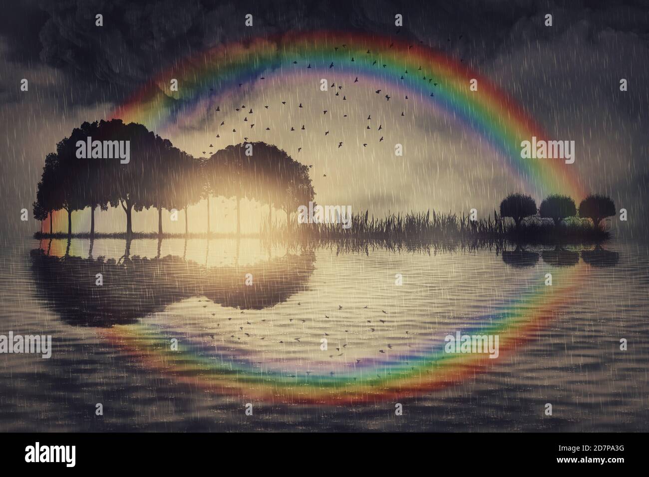 Guitar music island over the rainbow concept. Surreal seascape view ...