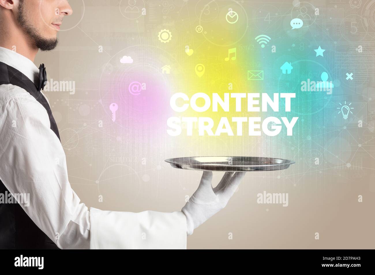 Waiter serving social networking with CONTENT STRATEGY inscription, new media concept Stock ...