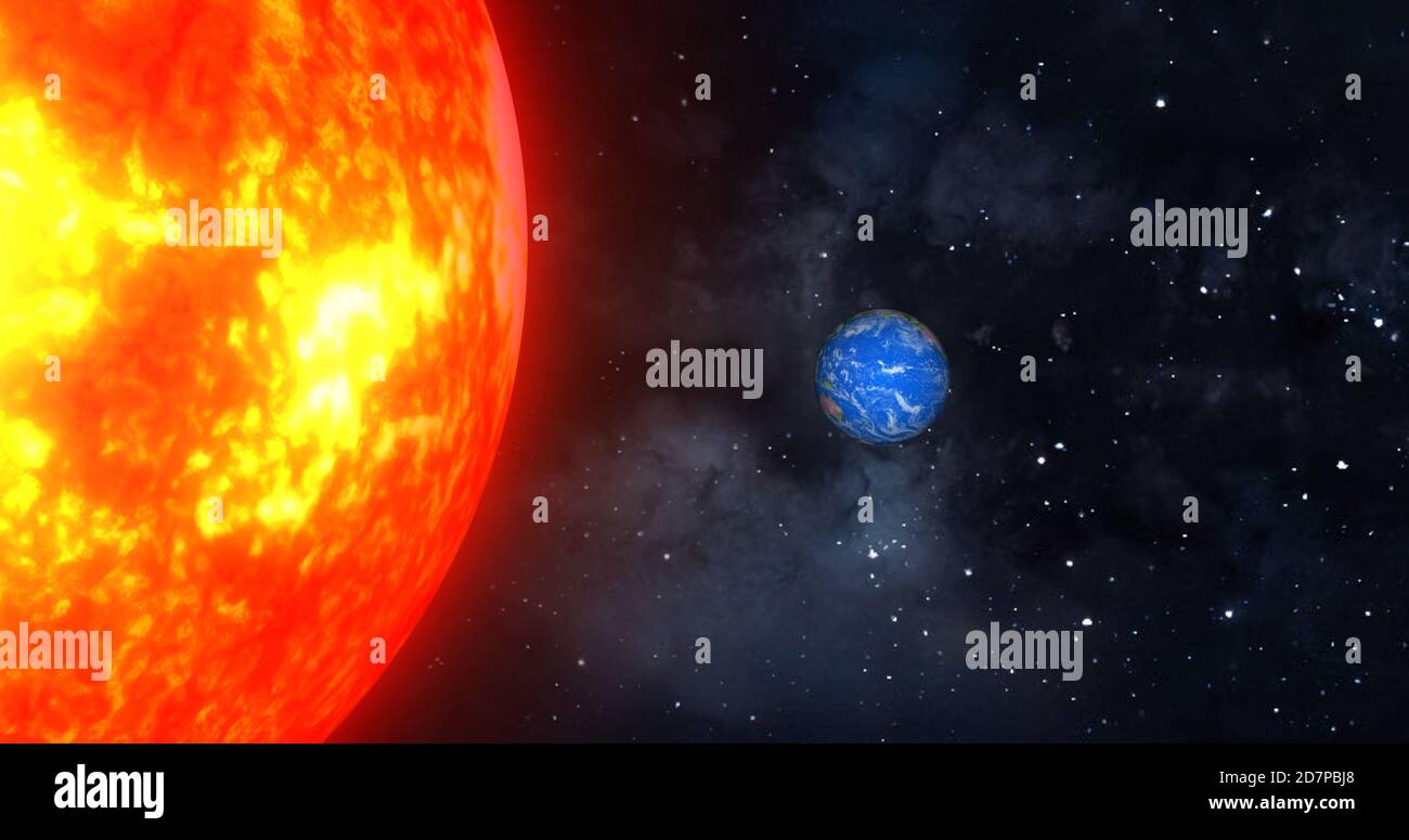 front view of sun and planet earth from space with colorful galaxy full ...
