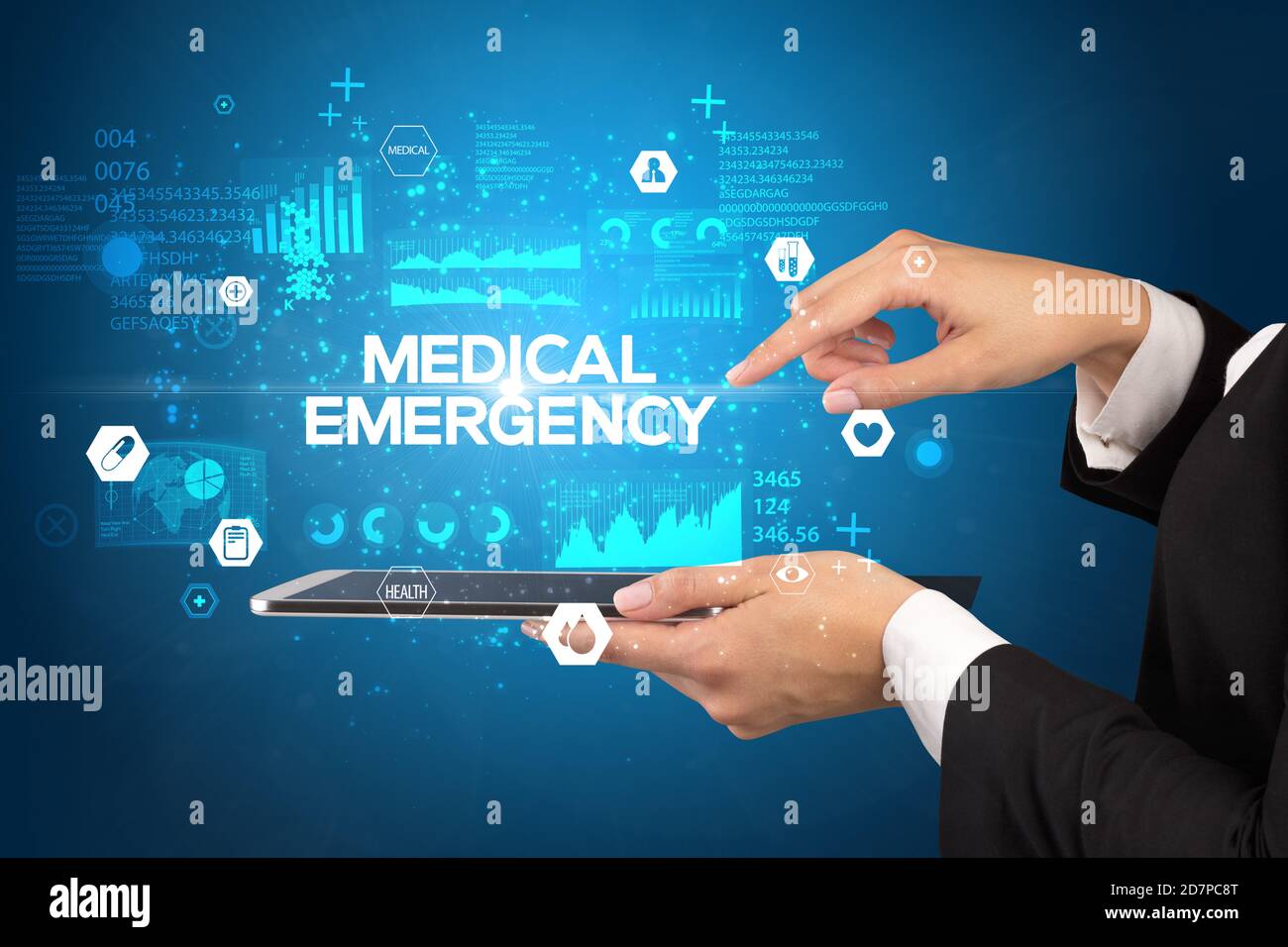 Close-up of a touchscreen with MEDICAL EMERGENCY inscription, medical ...