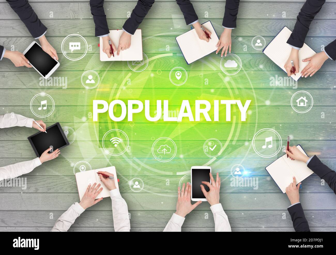 Group of people having a meeting with POPULARITY insciption, social ...