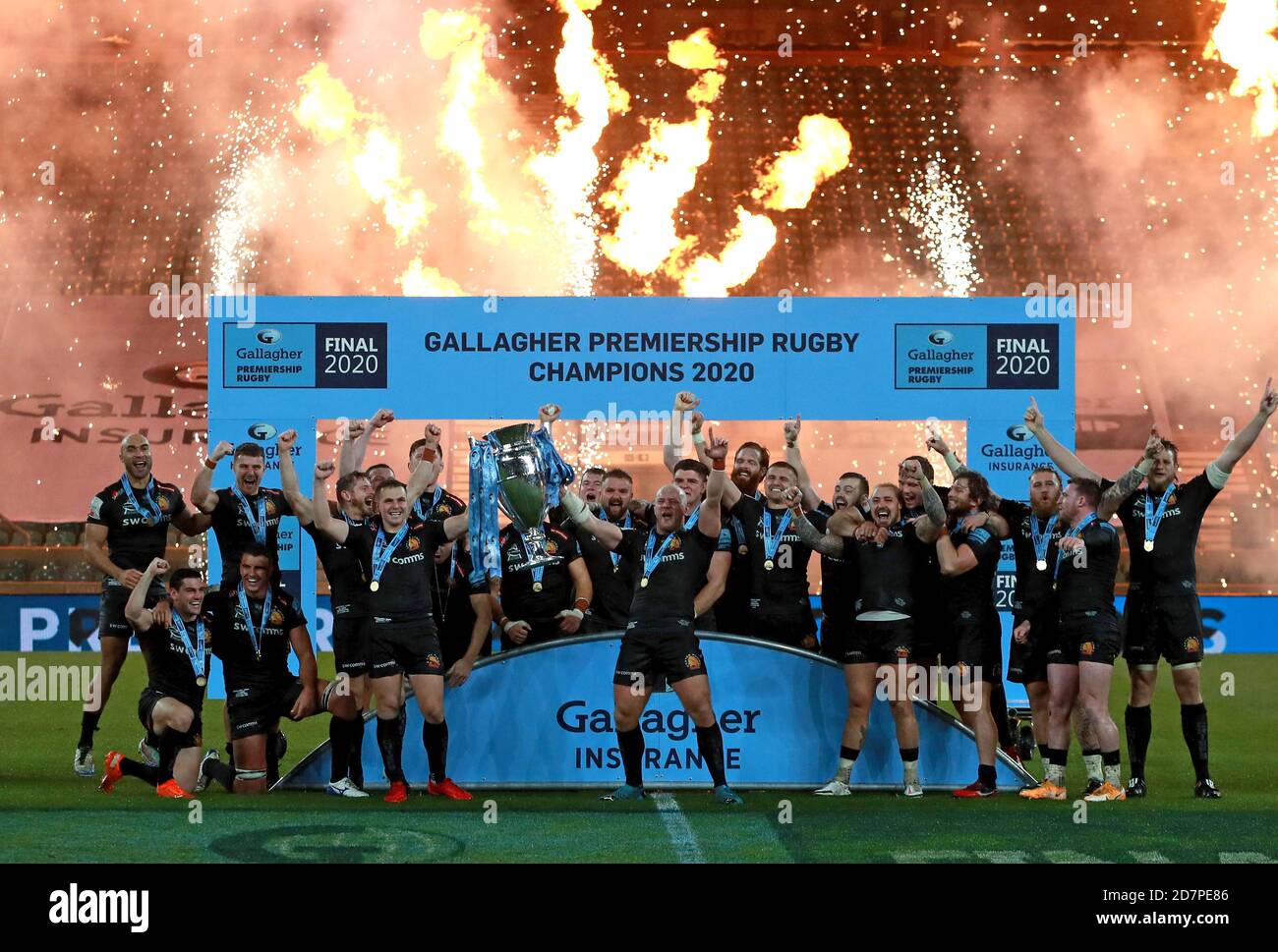 Exeter Chiefs celebrate lifting the Gallagher Premiership trophy after ...