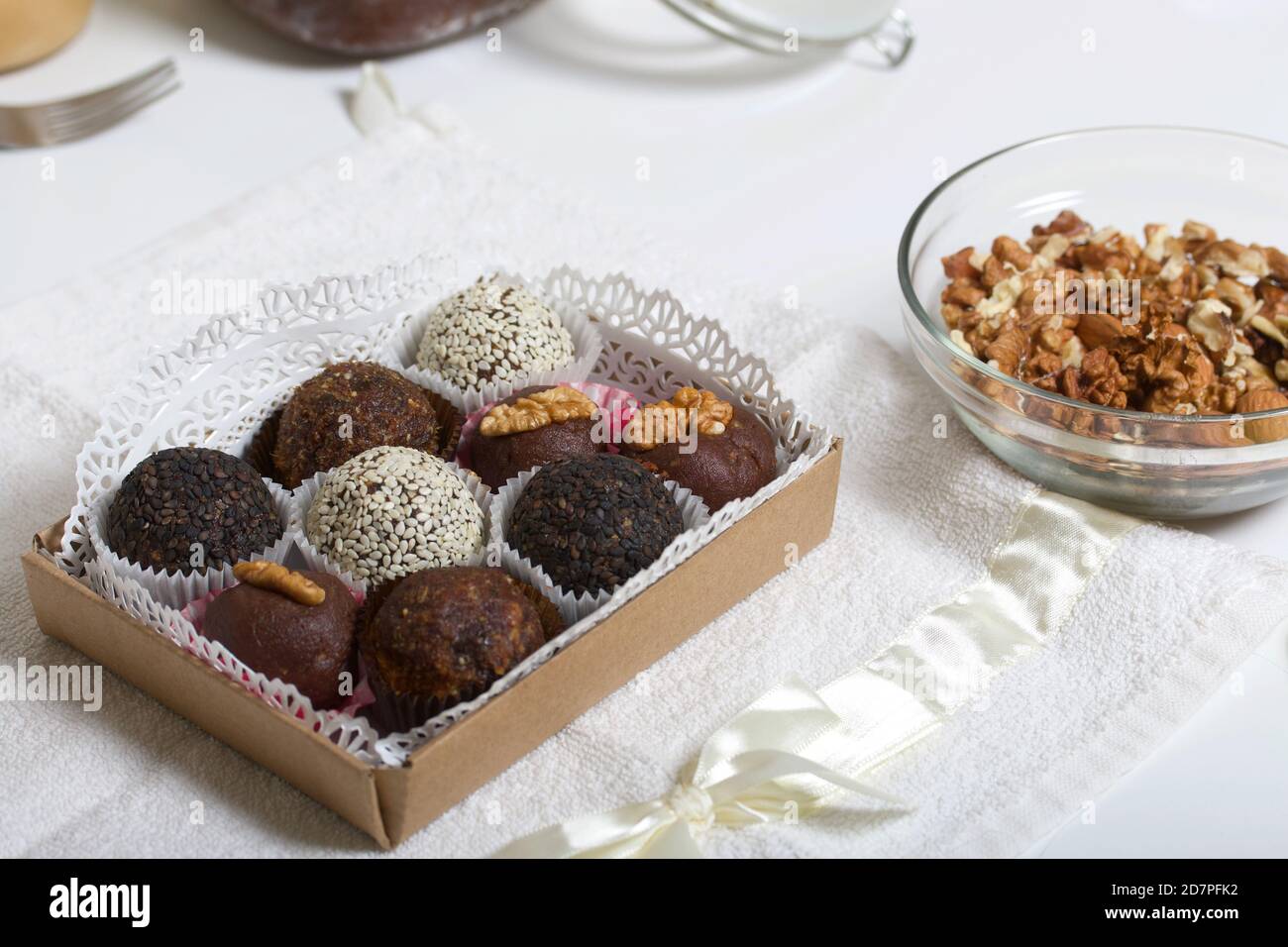 Cardboard packaging with dried fruit and nuts sweets. Made at home in ...