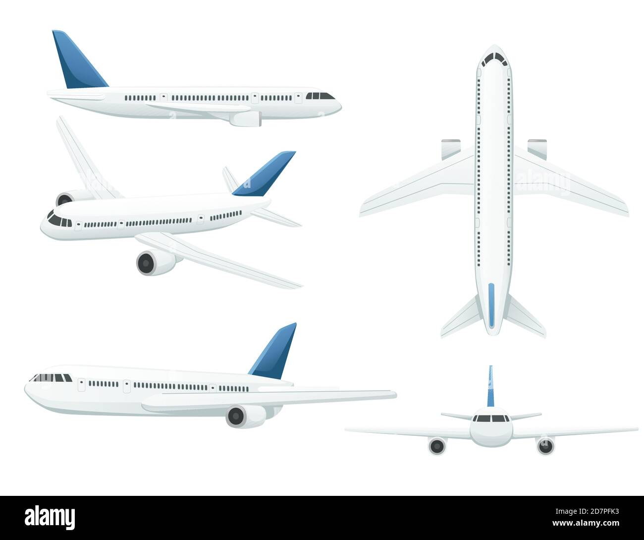 White passenger airplane in profile front and top flat vector ...