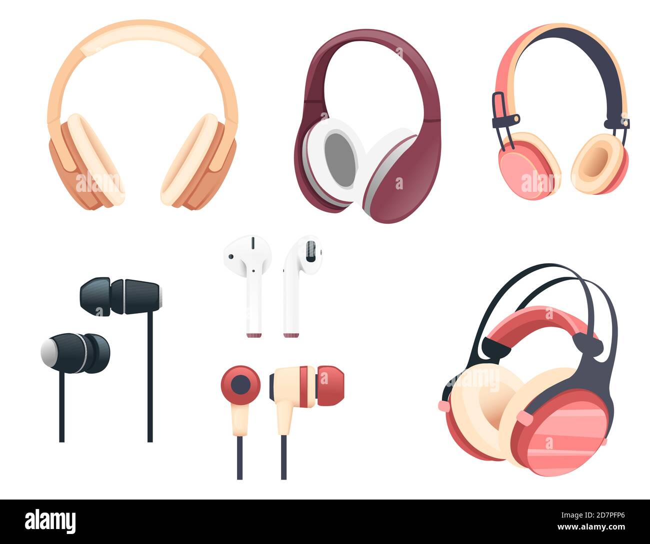 Set of different headphones wireless and wired flat vector illustration ...