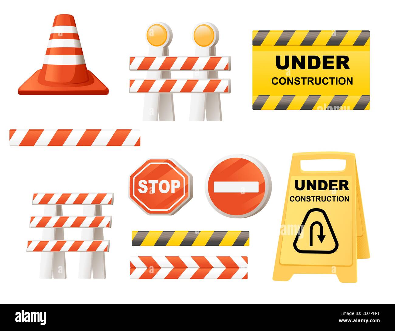 Set of different Under construction sign with red ribbon and red cone ...