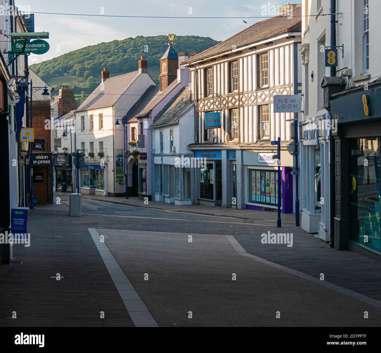 Sreet view of Frogmore Street oim the town of Abergavenny, Wales, UK ...