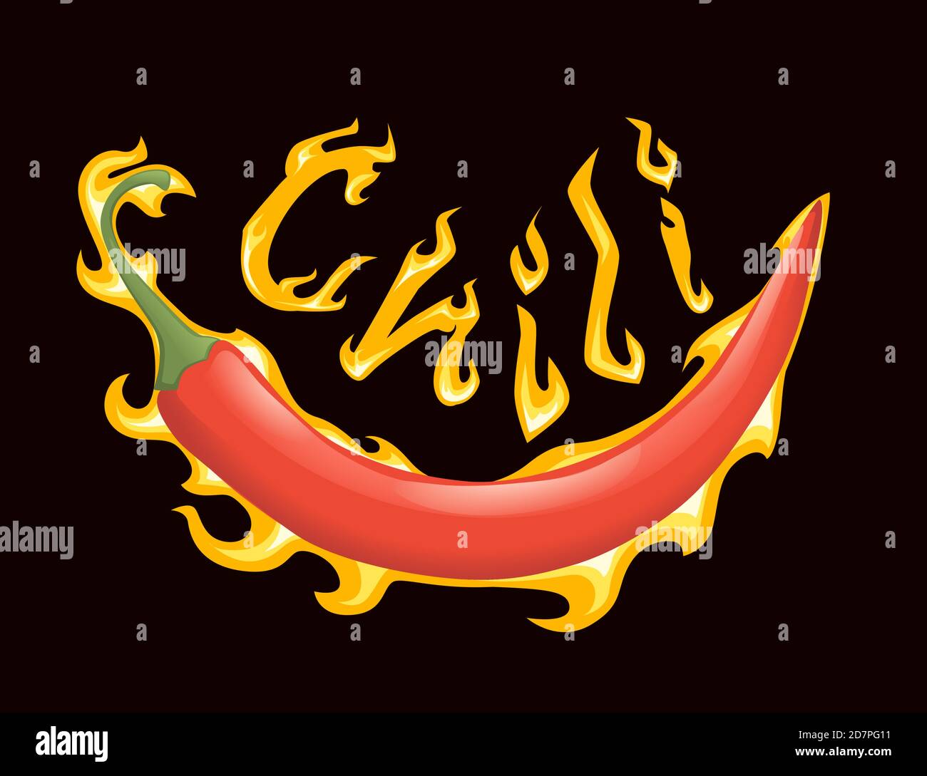 Burning hot red chili pepper with chili fire label flat vector ...