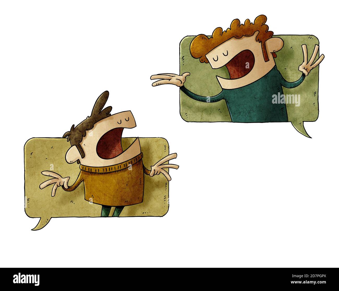 illustration of two men are leaning out of chat bubbles while talking ...