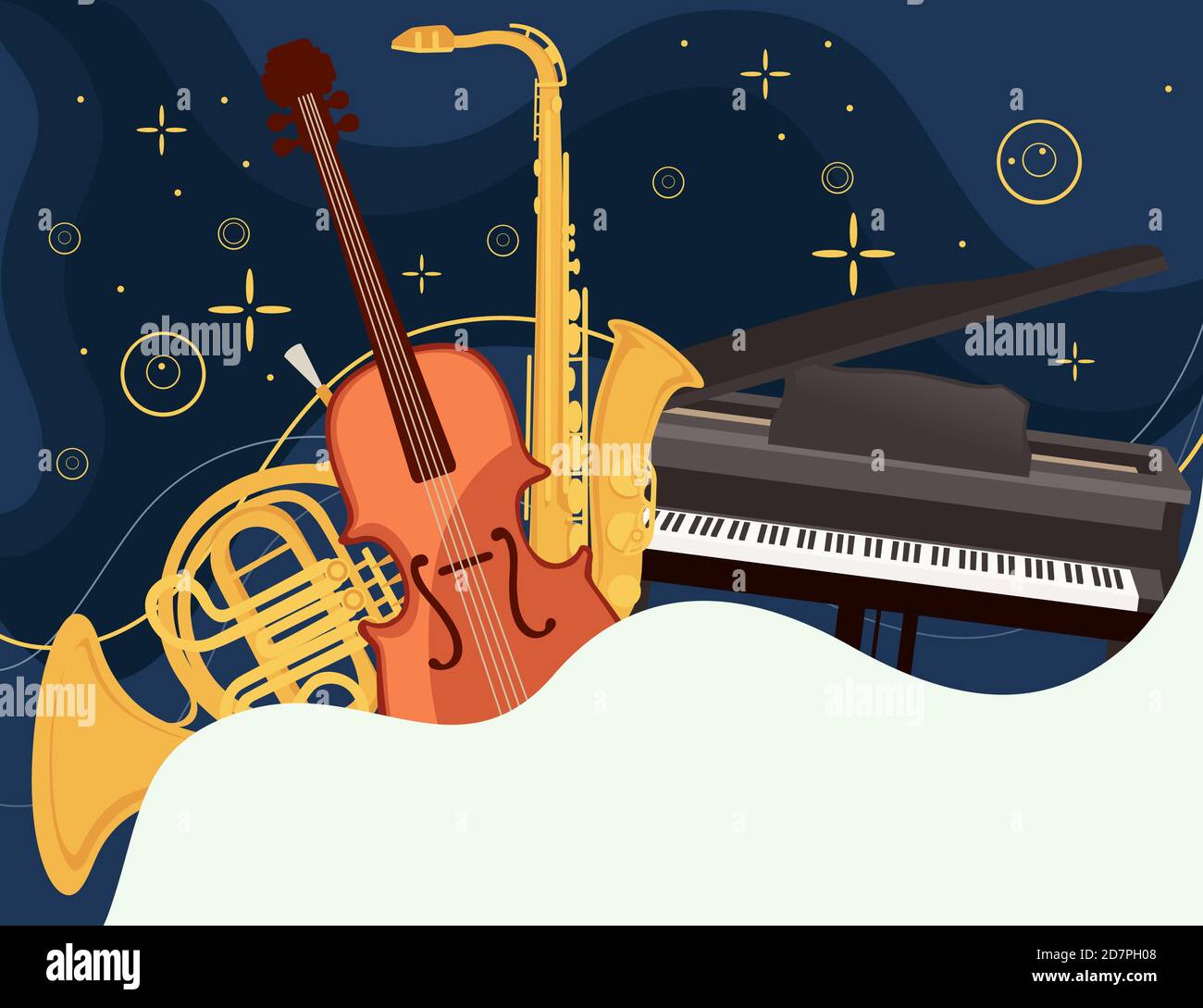 Classic musical instrument collection on night sky background flat ...