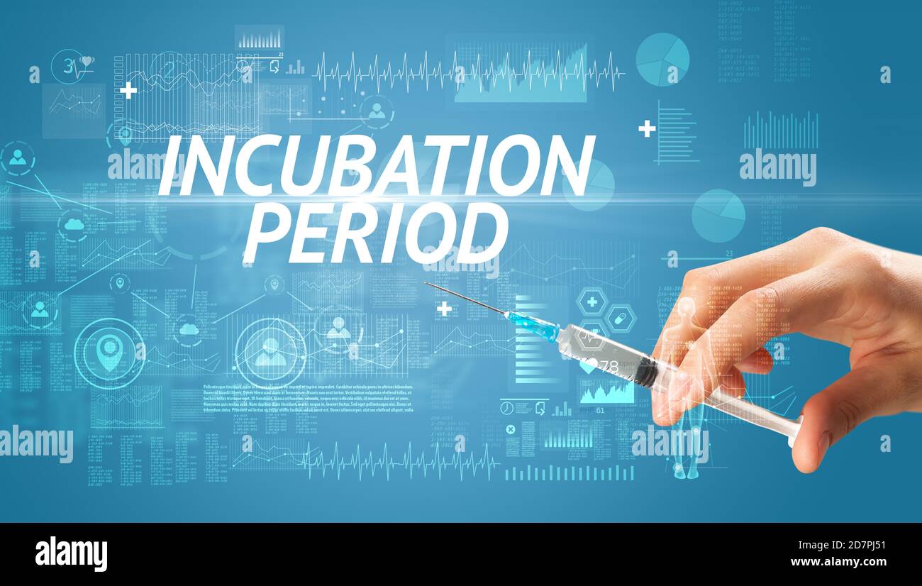 Syringe needle with virus vaccine and INCUBATION PERIOD inscription ...