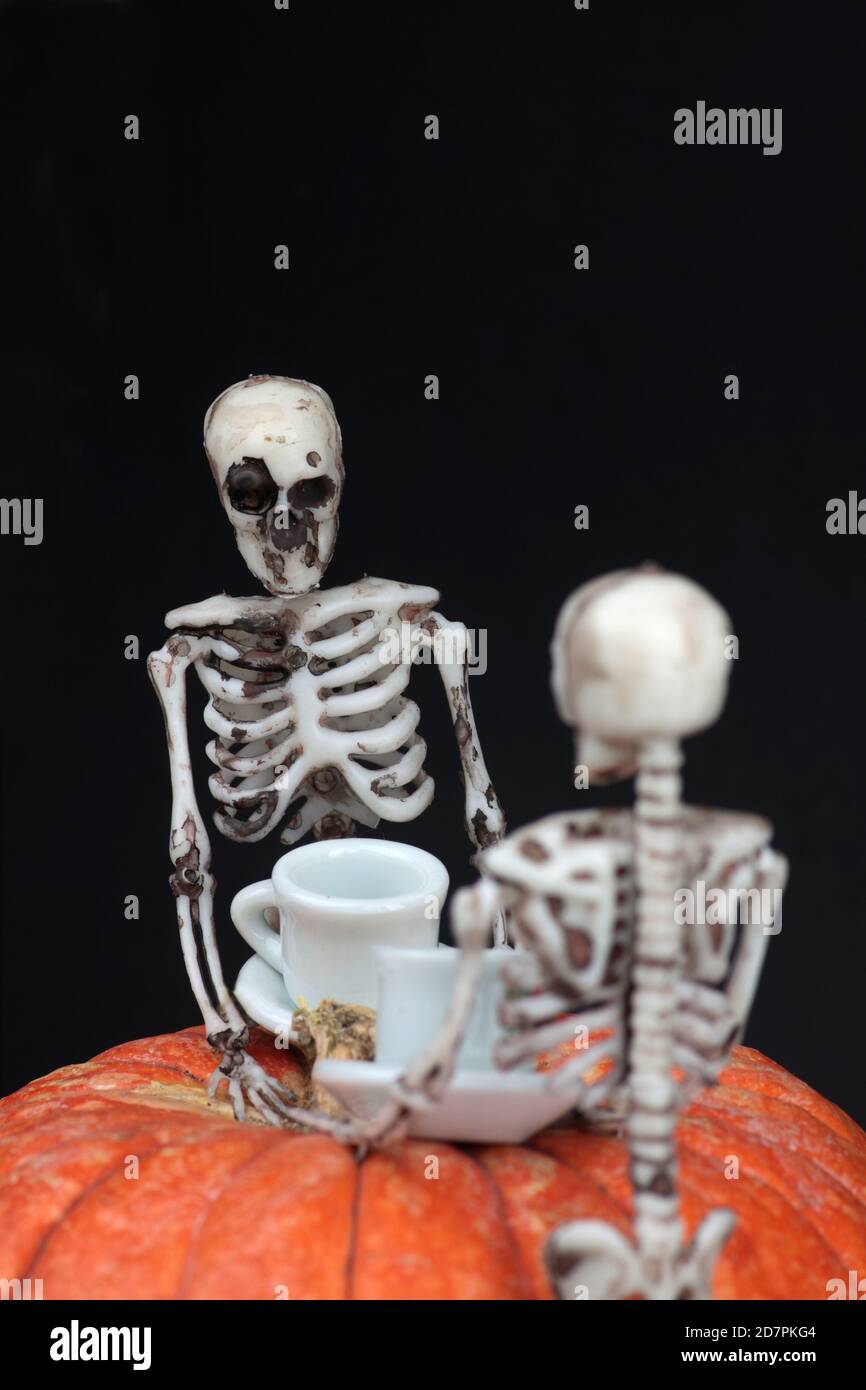 halloween concept - two skeletons drinking tea on pumpkin table against ...