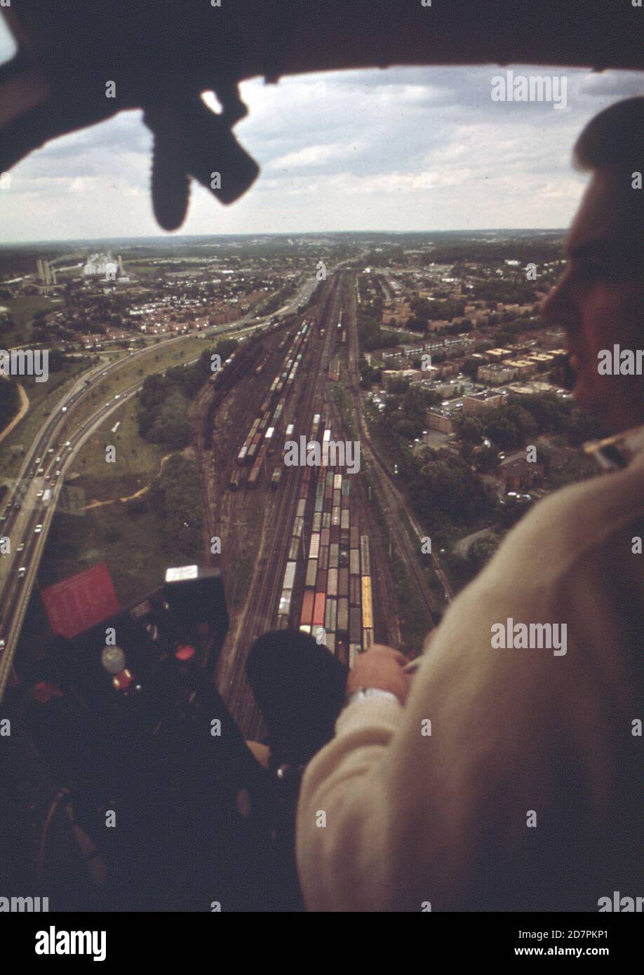 Penn Central railroad yards seen from police helicopter ca. 1973 Stock ...