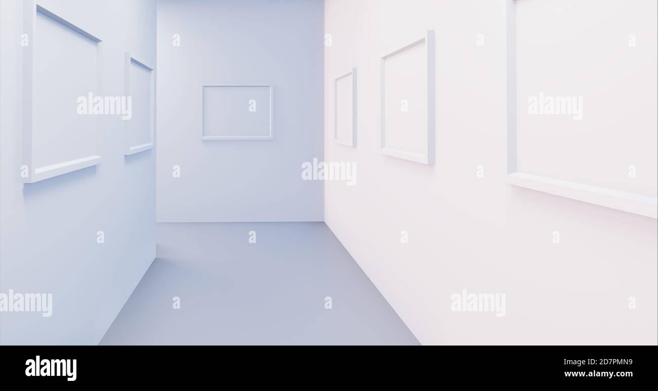 Gallery Interior with empty frames on wall, white corridor. 3d ...