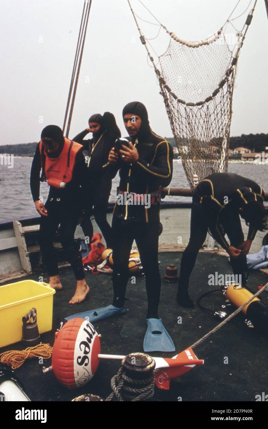 Scientist prepare to dive from the Vila Velebita II; research ship of ...