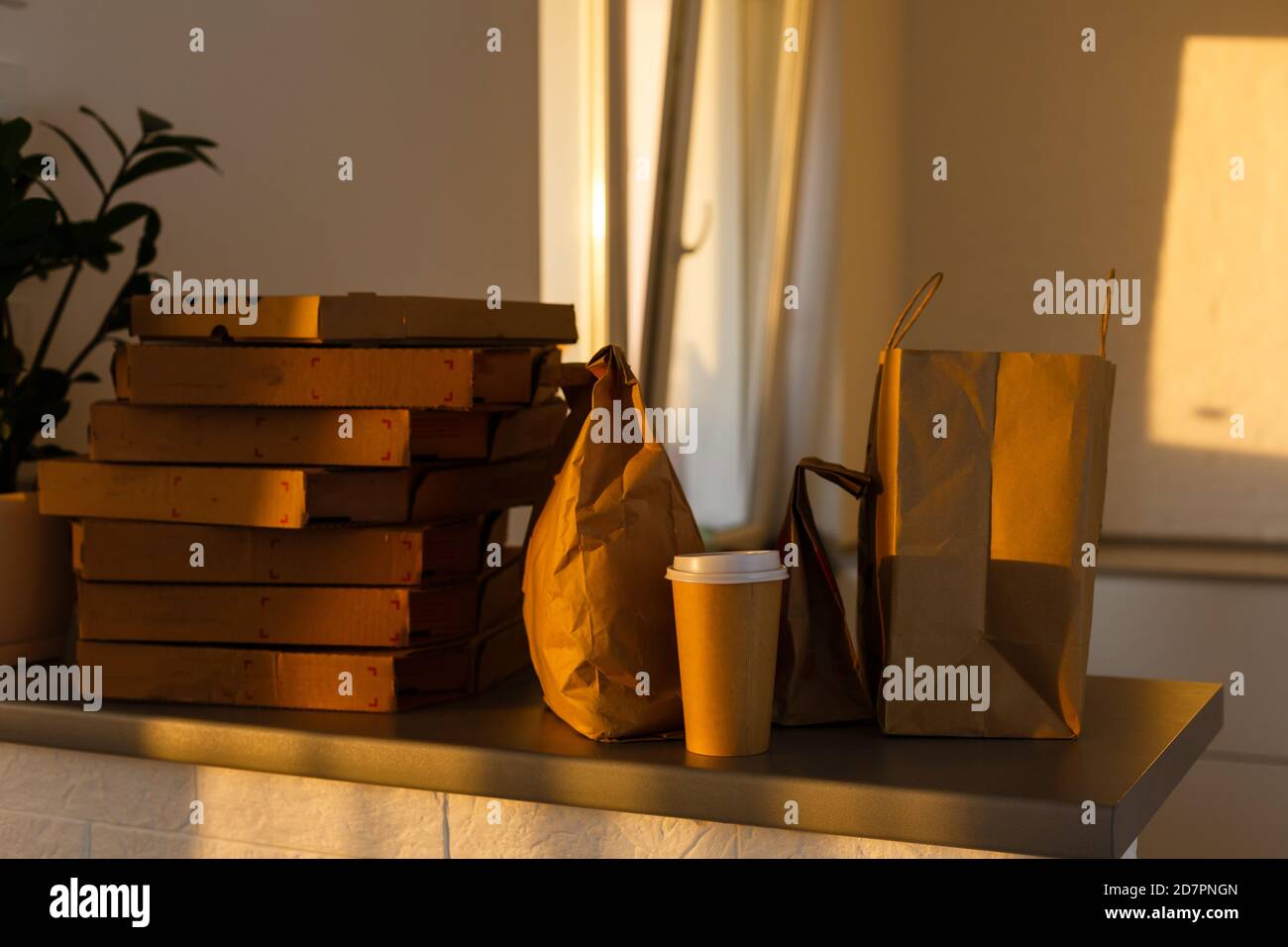 Fast food packaging set. Paper food box, brown paper bag on the table ...