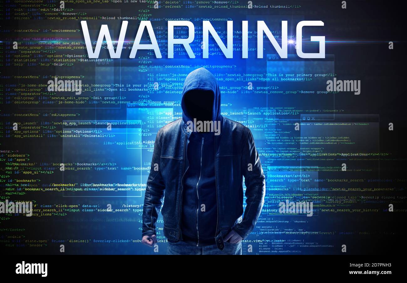 Faceless hacker with WARNING inscription on a binary code background ...