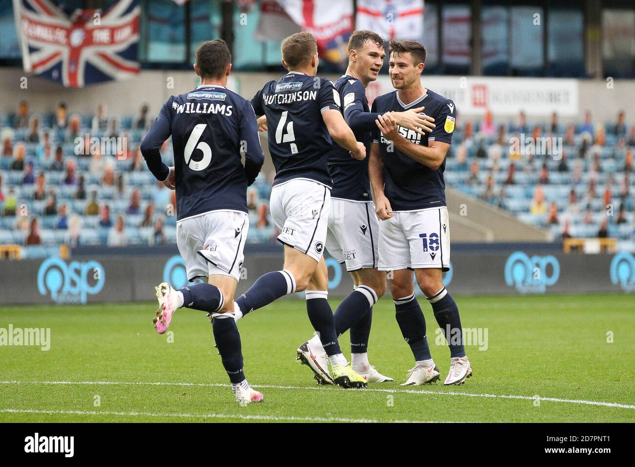 London, UK. 24th Oct, 2020. Jake Cooper of Millwall heads home the ...