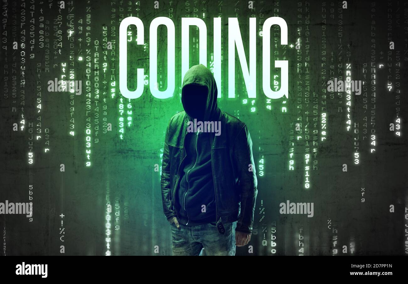 Faceless hacker with CODING inscription, hacking concept Stock Photo ...