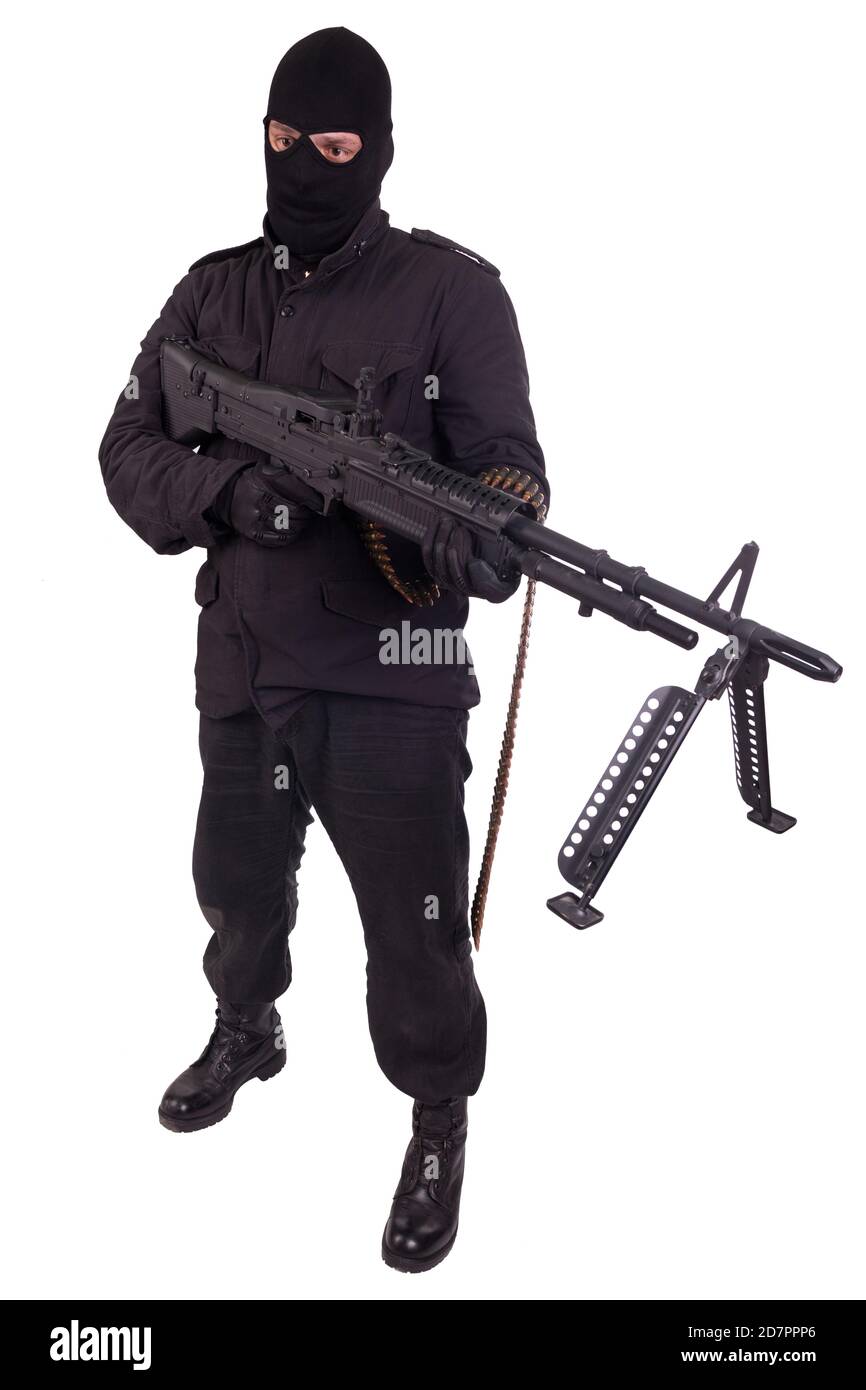 militant in black uniform with machine gun isolated on white background ...