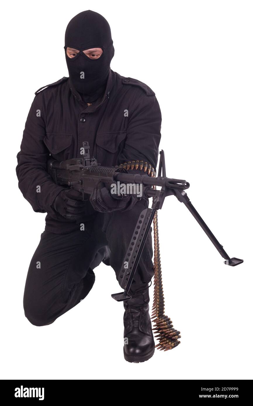 militant in black uniform with machine gun isolated on white background ...