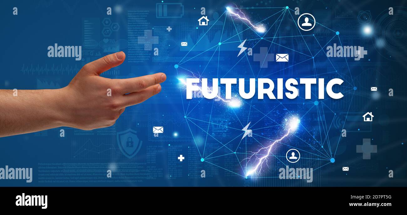 Hand pointing at FUTURISTIC inscription, modern technology concept ...
