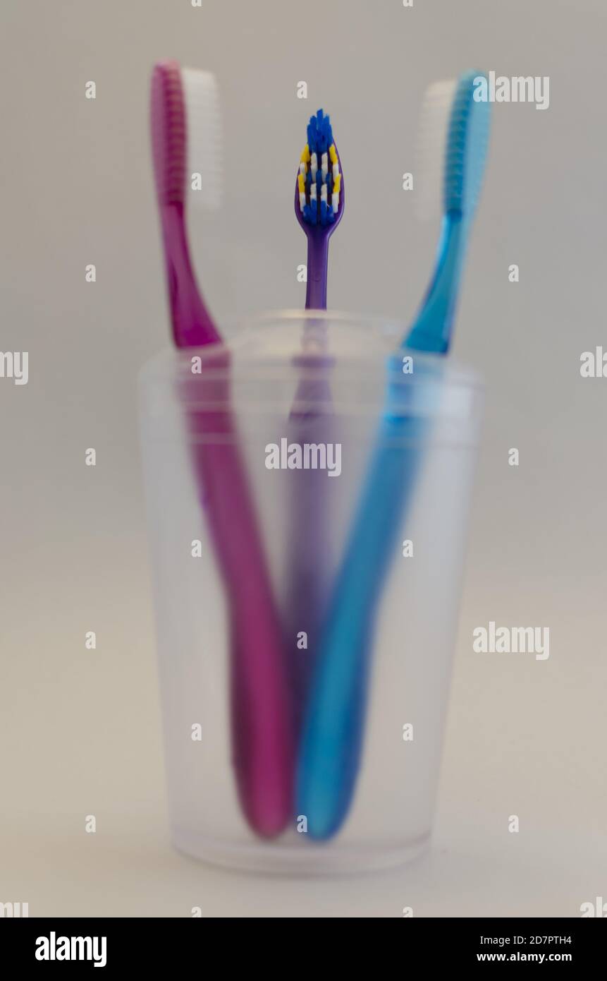 Vertical closeup shot of toothbrushes in the bowl Stock Photo - Alamy