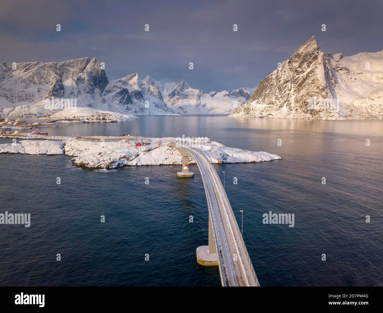Snowy landscape by the fjord with Hamnoy bridge, drone picture, Hamnoy ...