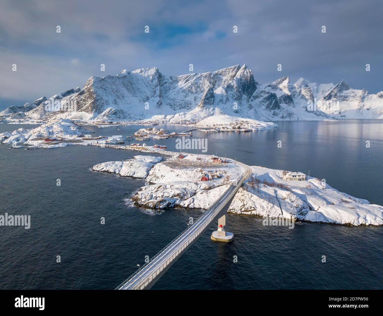 Snowy landscape by the fjord with Hamnoy bridge, drone picture, Hamnoy ...